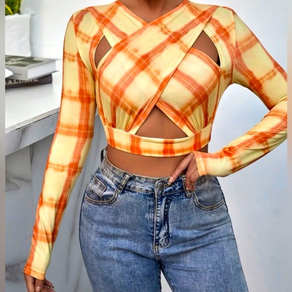 SHEIN SXY | Tops | Nwot Plaid Print Cut Out Crop Top | Poshmark